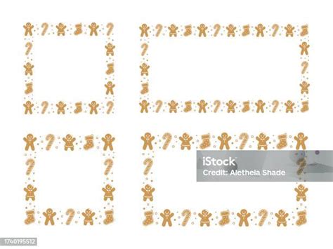 정사각형과 직사각형 진저브레드 쿠키 프레임 테두리 세트 크리스마스 겨울 휴가 그래픽 수제 과자 패턴 카드 및 소셜 미디어 게시물 템플릿입니다 벡터 그림입니다 0명에 대한