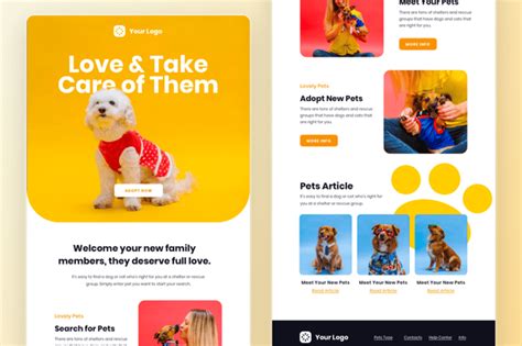 Шаблон электронной рассылки для домашних животных Веб сайты Наборы Ux и Ui Включая эл адрес