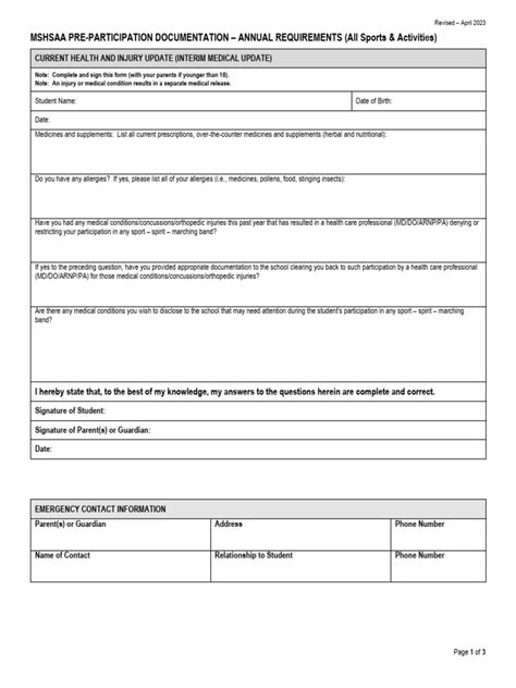 Mshsaa Pre Participation Documentation Form Pdf Concussion Health