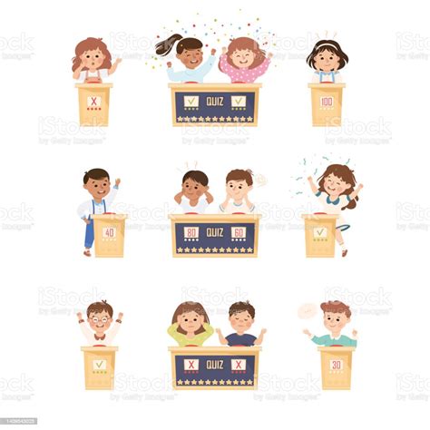 퀴즈 게임을하는 어린이 또는 마인드 스포츠를 눌러 버튼에 서서 질문 벡터 세트에 응답합니다 개념에 대한 스톡 벡터 아트 및 기타