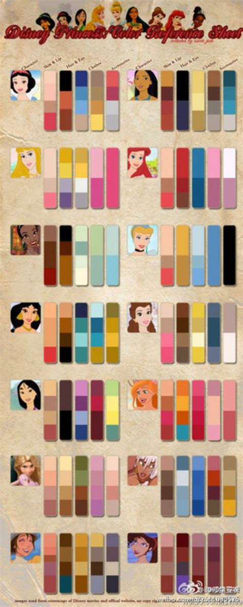 Disney Ladies Color Cheat Sheet Disney Princess Colors Disney Colors