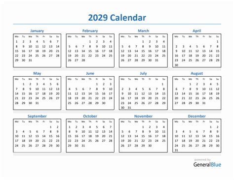 2029 Yearly Calendar Templates With Monday Start