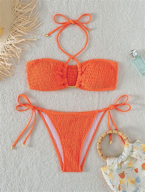 Shein Swim Summer Beach Smocked Halter Bra And Thong Bottom 2 Piece