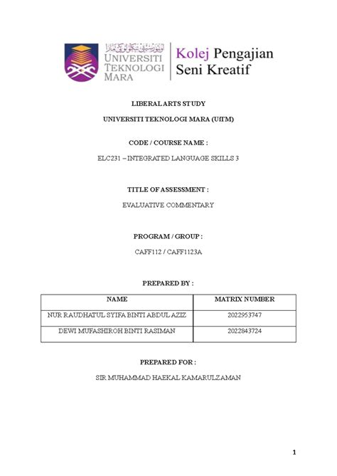Evaluative Commentary LIBERAL ARTS STUDY UNIVERSITI TEKNOLOGI MARA UiTM CODE COURSE NAME