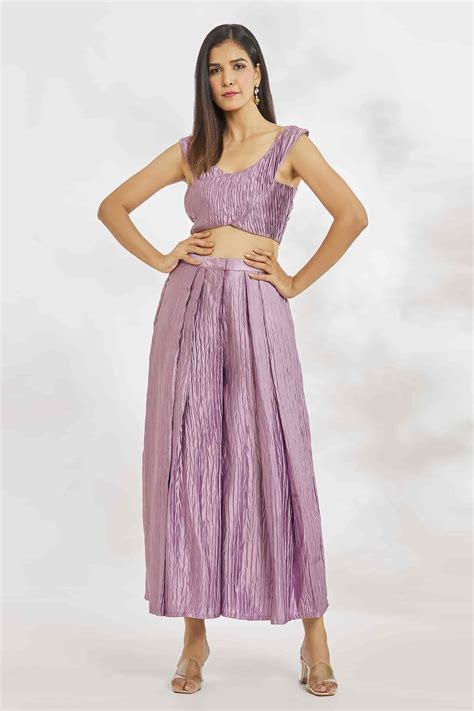 Buy Purple Satin Textured Scoop Neck Cross Pattern Top With Pant For Women By Adara Khan Online