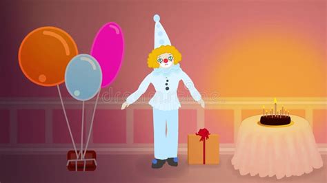 Cute Clown Dancing On Birthday Party With Colorful Balloons And Cake With Candles Under Music