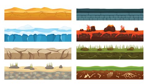 Cartoon Seamless Landscape Grounds Types Game Foreground Elements Lava Ice Desert Grass