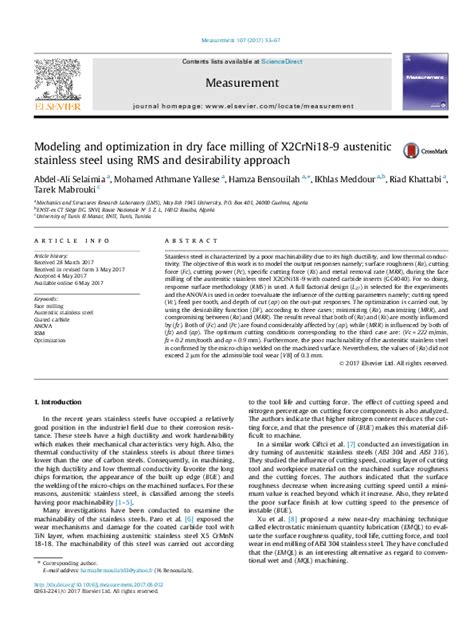 Pdf Modeling And Optimization In Dry Face Milling Of X2crni18 9 Austenitic Stainless Steel