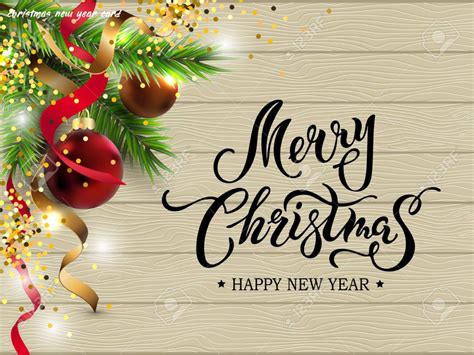 Merry Christmas Happy New Year Card With Fir Tree Red And Golden Christmas New Year Card