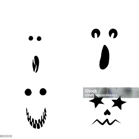 할로윈 괴물 캐릭터 실루엣 조각과 잘라낸 창조 할로윈은 감정 수집 모양 눈 코 입 치아 송곳니 감정 소름 끼치고 으스스한 얼굴에 직면합니다 벡터 가공의 인물에 대한 스톡