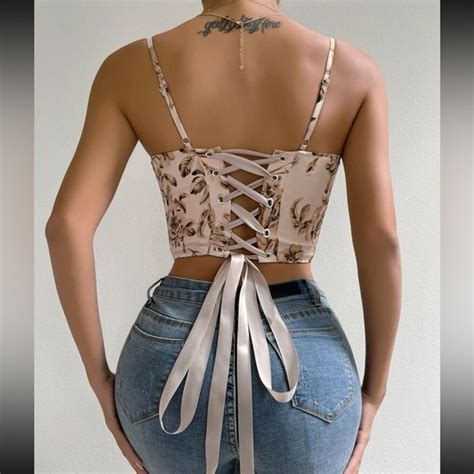 Tops Boho Floral Print Lace Up Back Bustier Corset Tube Satin Top