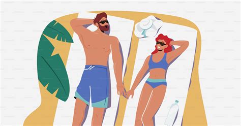 남자와 여자는 자외선 차단제 보호 크림을 바르고 매트에 누워 해변에서 태닝을 한다 이국적인 리조트에서 야외 휴가를 보내는 사랑하는 커플 캐릭터 여름 여가 시간을 즐기는