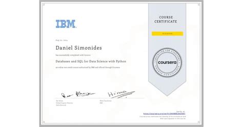 Daniel Simonides On Linkedin Completion Certificate For Databases And Sql For Data Science With