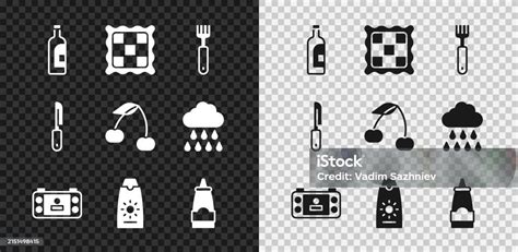 와인 한 병 체크 무늬 냅킨 포크 휴대용 비디오 게임 콘솔 자외선 차단제 크림 튜브 소스 병 나이프 및 체리 아이콘 세트 벡터 Brand Name Video Game에 대한