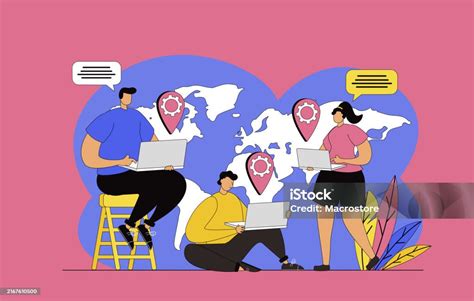 웹을 위한 현대 편평한 디자인을 가진 아웃소싱 회사 개념 팀은 원격으로 작업하는 직원 프리랜서는 온라인으로 노트북에서 작업을 수행하고 협업 및 네트워킹을 합니다 벡터