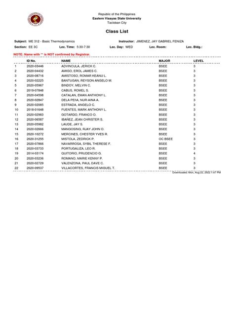 Me 312 Ee 3c For Ay 2022 2023 Sem 1 Class List Pdf