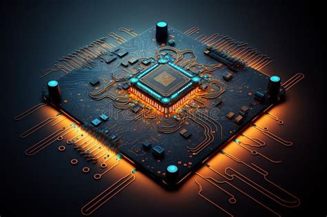 Electronic Circuit Board Close Up Glowing Microchip In Macro Futuristic Circuit Concept
