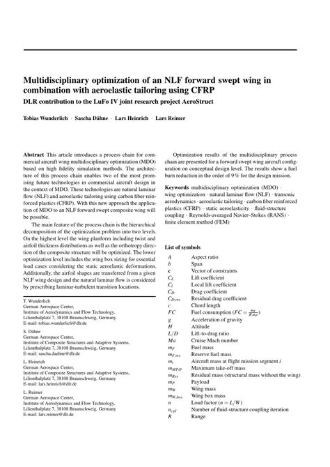Pdf Multidisciplinary Optimization Of An Nlf Forward Swept Wing In Combination With