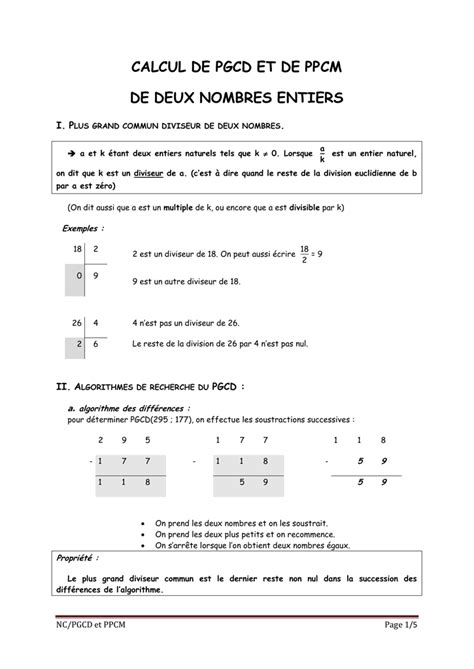Calcul De Pgcd Et De Ppcm De Deux Nombres Entiers