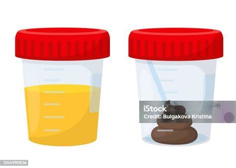 대변과 소변의 분석 흰색 배경에 격리 된 플라스틱 용기 만화 스타일의 벡터 일러스트레이션 건강 진단에 대한 스톡 벡터 아트 및