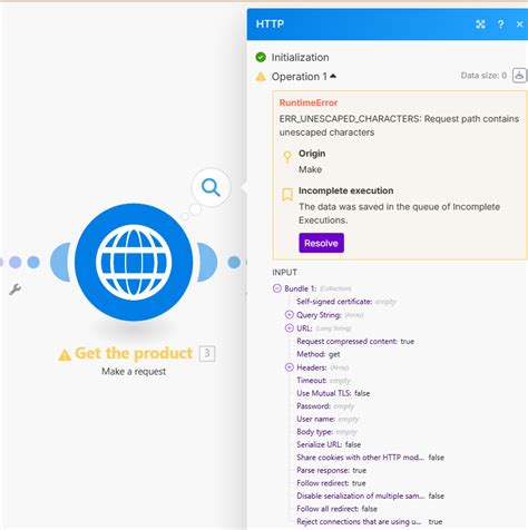 get the product make a request throws err unescaped characters request