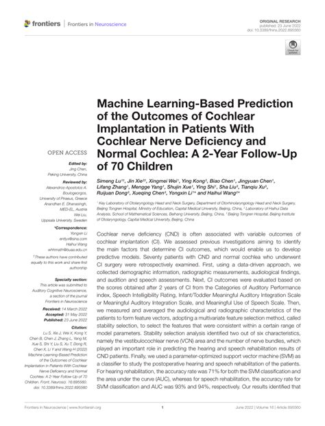 Pdf Machine Learning Based Prediction Of The Outcomes Of Cochlear Implantation In Patients