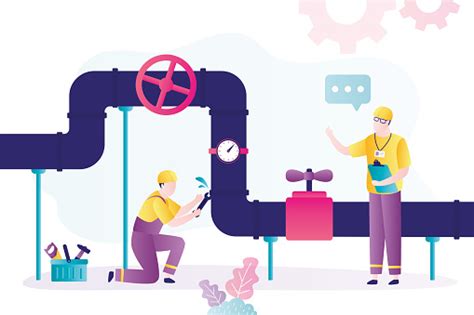 배관공 및 수도관 그룹 작업 도구를 사용하는 배관 수리 서비스 작업자 배관공 렌치와 공구 상자를 가진 물과 가스 공급 관 계수검사관 건설 산업에 대한 스톡 벡터 아트 및