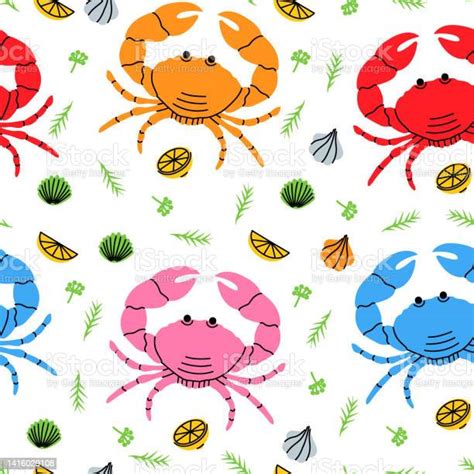 허브와 게 원활한 패턴 큰 발톱 배경을 가진 컬러 게 레몬 조각과 로즈마리를 곁들인 해산물 신선한 해산물 손으로 그린 패턴 갈고리 발톱에 대한 스톡 벡터 아트 및 기타