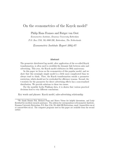 On The Econometrics Of The Koyck Model Pdf Statistics Normal