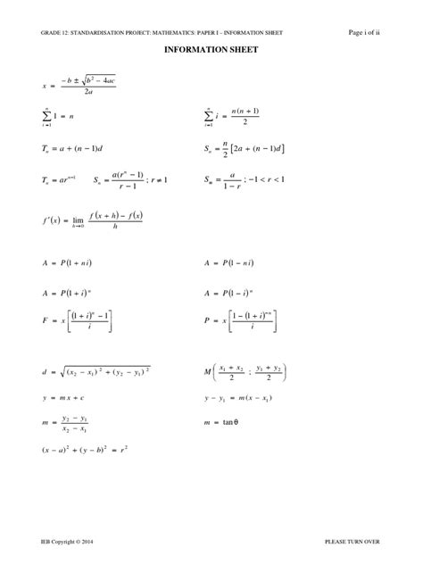 Math Ieb Formula Sheet Pdf