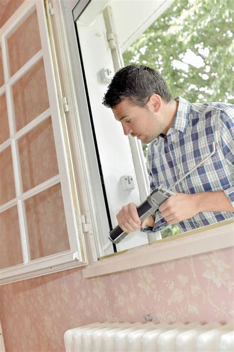 Man Fixing Window Stock Image Image Of Babe Assistance