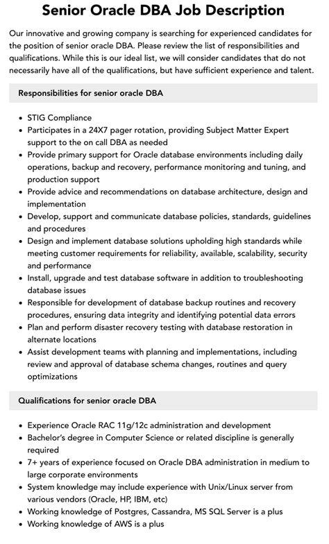 Senior Oracle DBA Job Description Velvet Jobs