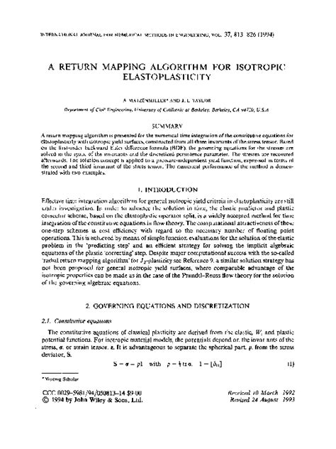 Pdf A Return Mapping Algorithm For Isotropic Elastoplasticity