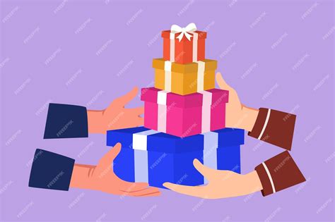만화 플랫 스타일 그리기 사람들 손 선물 상자 더미를 주고 몇 가지 포장 선물을 함께 들고 생일 리본 로고 기호 그래픽 디자인 벡터 일러스트와 함께 골판지 상자 선물