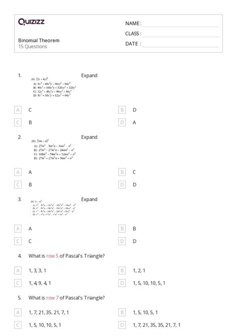 50 Binomial Theorem Worksheets For 10th Grade On Quizizz Free Printable