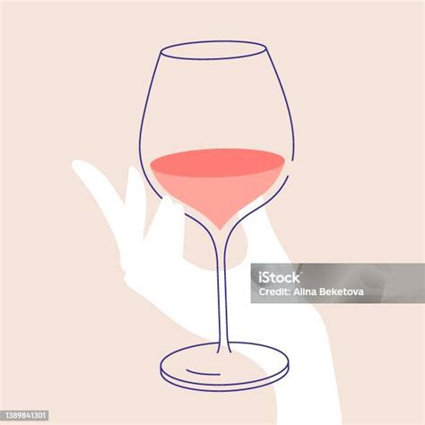 레드 와인 한 잔을 들고 있는 여성의 손 인사말 카드 엽서 초대장 메뉴 디자인에 대한 플랫 일러스트레이션 라인 아트 템플릿 와인잔에 대한 스톡 벡터 아트 및 기타 이미지