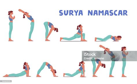 Surya Namaskar 요가를 하는 여성 캐릭터 앞으로 접기 폐 아래쪽으로 개 포즈 벡터 일러스트레이션 강아지 자세에 대한