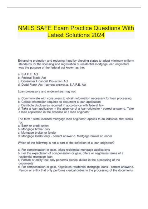 NMLS SAFE Exam Practice Questions With Latest Solutions 2024 NMLS SAFE Stuvia US