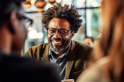 Premium Ai Image Woman Happy Man Person Friend Group Cafe Male African American Friendship