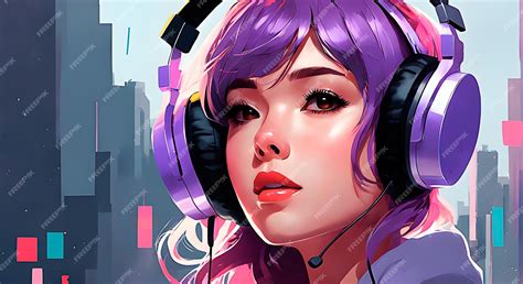 Premium Ai Image Anime Gamer Girl With Purple Hair Wearing Headphones