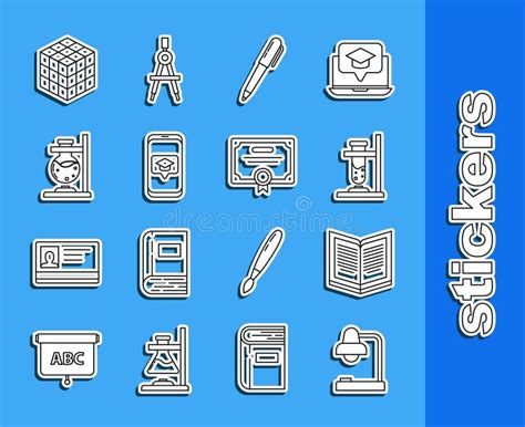 Set Line Table Lamp Open Book Glass Test Tube Flask On Fire Pen Graduation Cap Screen