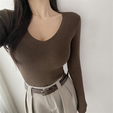 글램핏 글램핏 브이넥 슬림 타이트 핏 이너 골지 니트 티 5컬러