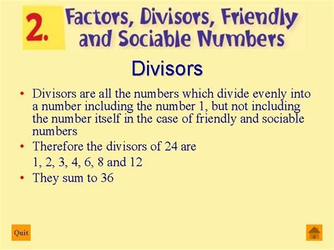 Quit Divisors Friendly Numbers Sociable Numbers Quadratic Formula