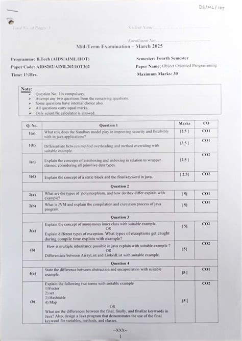 Midterm Exam Paper Btech Iv Sem Object Oriented Programming And Dbms