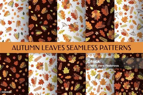 가을 잎 이음새가 없는 무늬 세트 직물 옷 스크랩북 포장지 등의 가을 벡터 배경 10월에 대한 스톡 벡터 아트 및 기타 이미지 10월 11월 9월 Istock