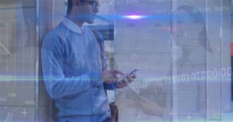 Animation Of Binary Data Coding Flare Over Man Using Cellphone And