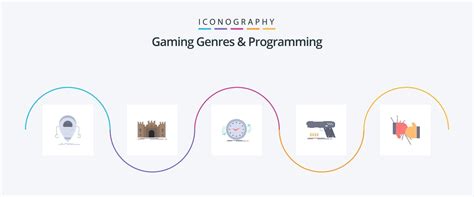 Gaming Genres And Programming Flat 5 Icon Pack Including Pistol Gun Fortress Time Clockwise