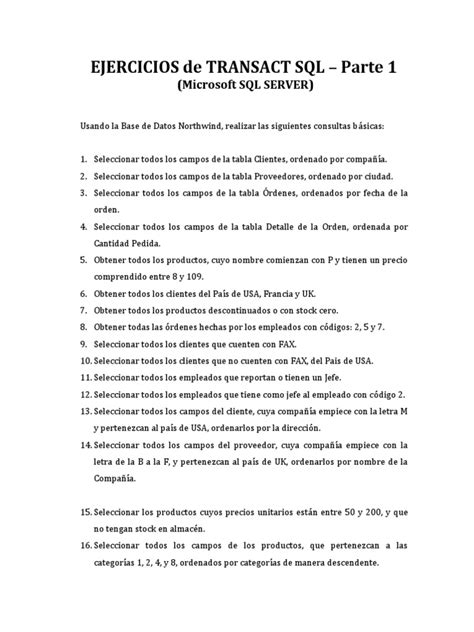 Ejercicios Propuestos De Transact Sql Parte 1 Pdf