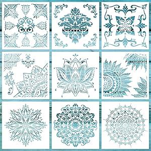 9 Pack 12x12 Inch Large Stencil Reusable Mandala Stencil