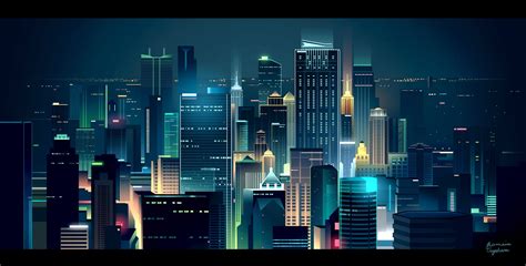 Colorful 1080p Cityscape Skyline City Lights Digital Art Romain